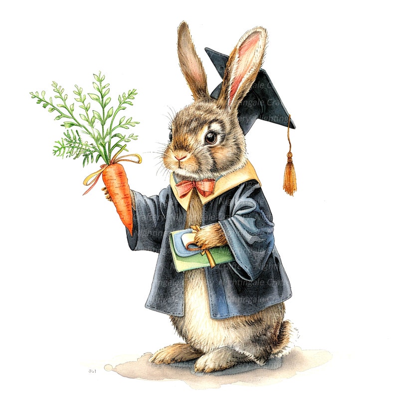 10 Graduation Clipart, Student Bunny Clipart, Printable Watercolor ...