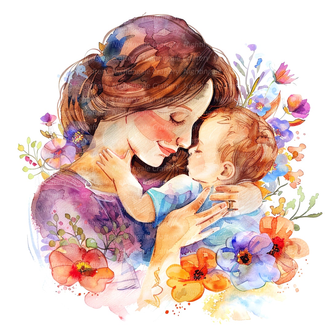 12 Mother and Child Clipart, Mother's Day Card, Printable Watercolor ...