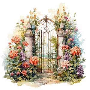 15 Floral Garden Gates Clipart, Flower Gates, Printable Watercolor ...