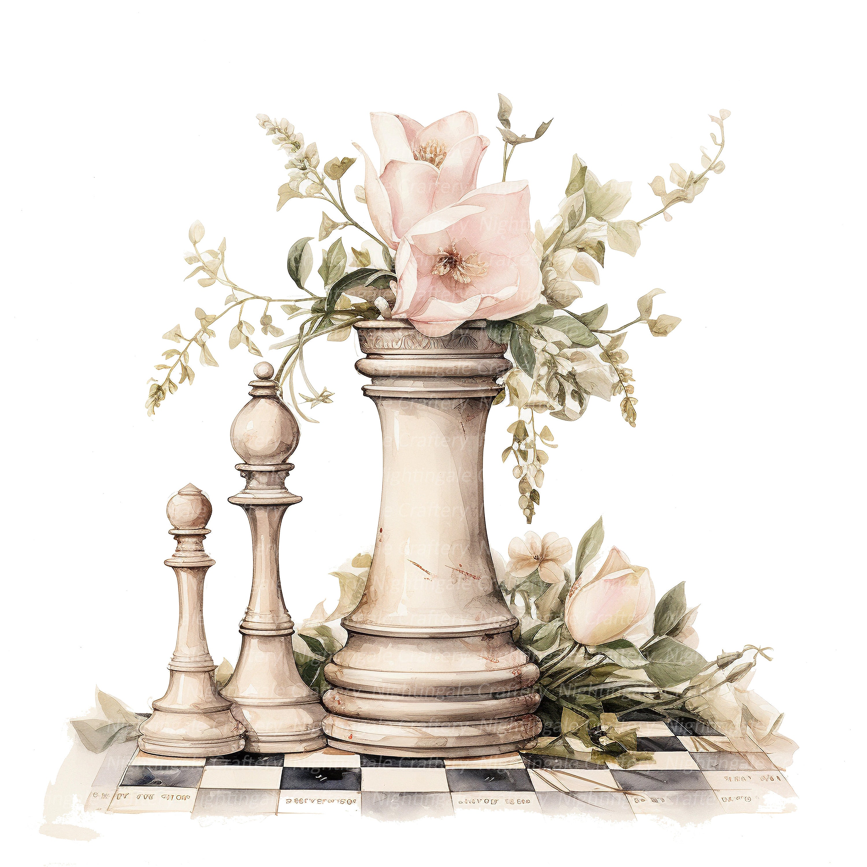 12 Floral Chess Clipart Vintage Chess Printable Watercolor - Etsy