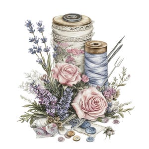 14 Vintage Spools of Thread Clipart, Floral Sewing Kit, Printable ...
