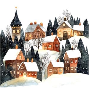 10 Christmas Village Clipart, Christmas Card, Printable Watercolor ...