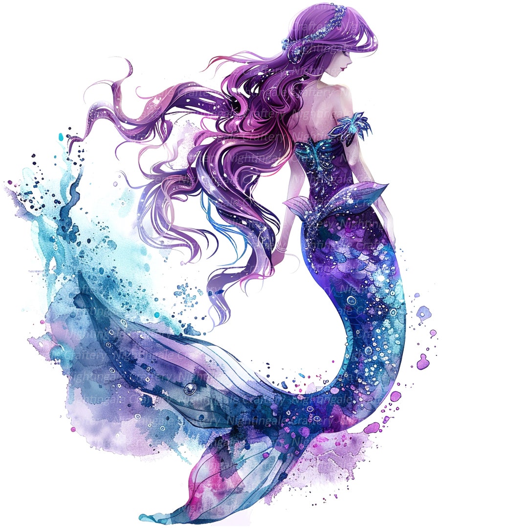 10 Purple Mermaid Clipart, Cartoon Mermaid, Printable Watercolor ...