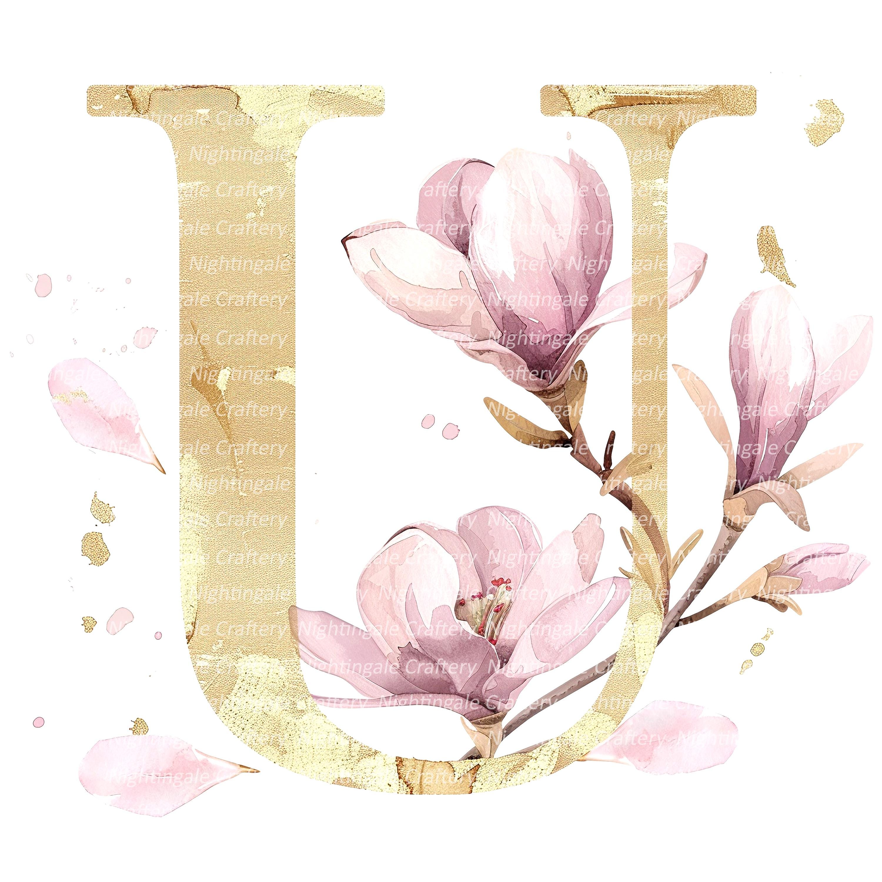 Floral Alphabet Clipart, 26 Golden Letters, Digital Clipart, Watercolor ...