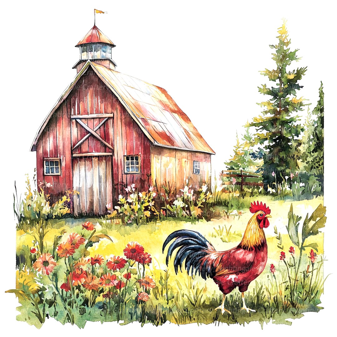 14 Farmyard Clipart, Barn Clipart, Rooster, Printable Watercolor ...
