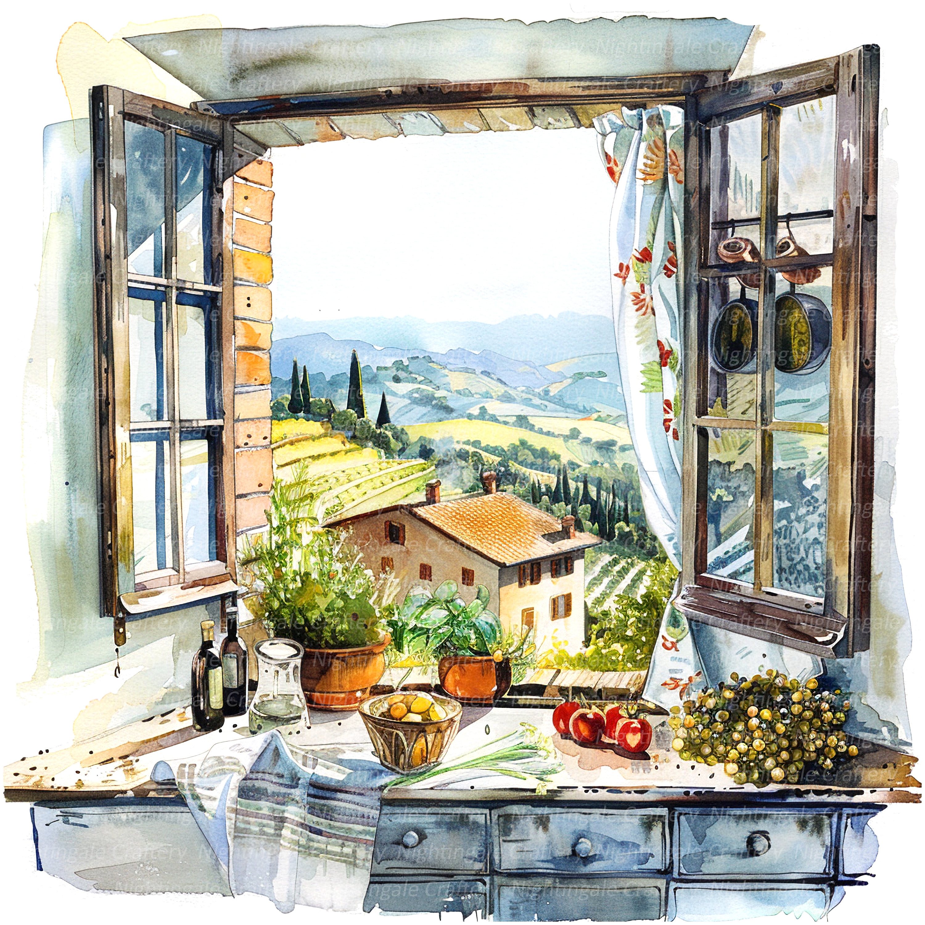 12 Italian Kitchen Clipart, Tuscany Window, Printable Watercolor ...