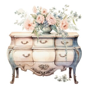 10 Vintage Floral Commode Clipart, Shabby Chic, Printable Watercolor ...