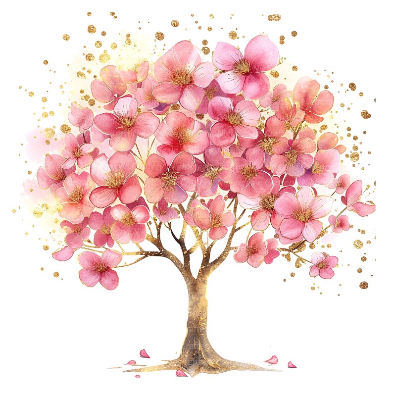 9 Pink Gold Tree Clipart, Floral Tree Print, Printable Watercolor ...
