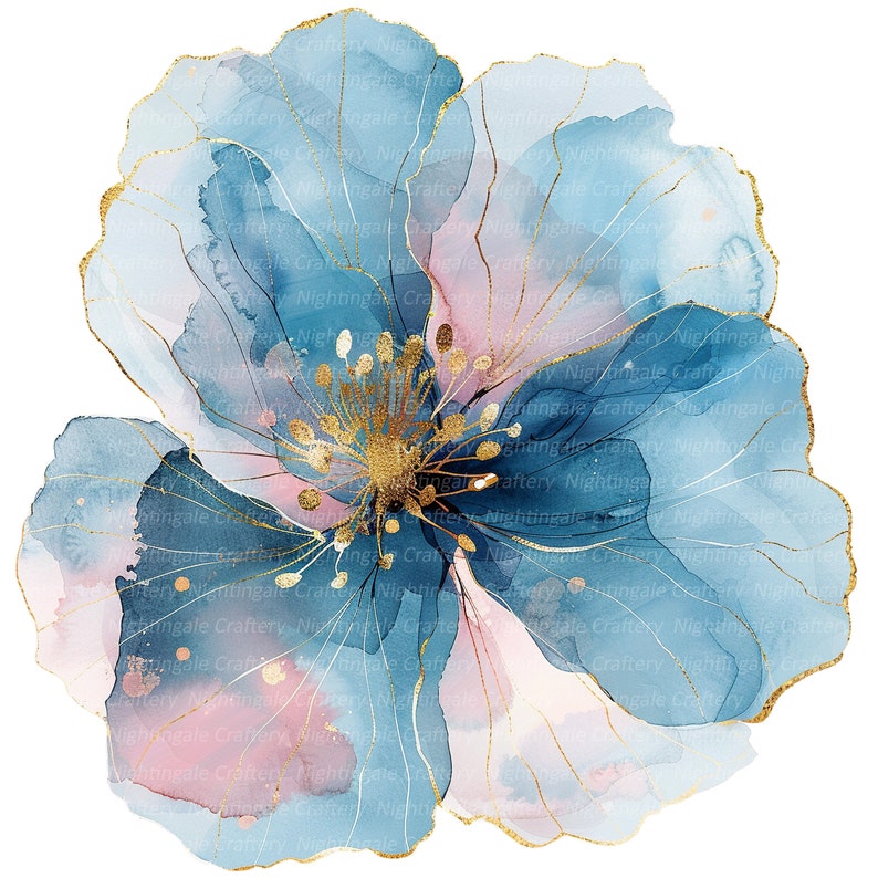 10 Abstract Pink Marble Blue Flowers Clipart, Printable Watercolor ...