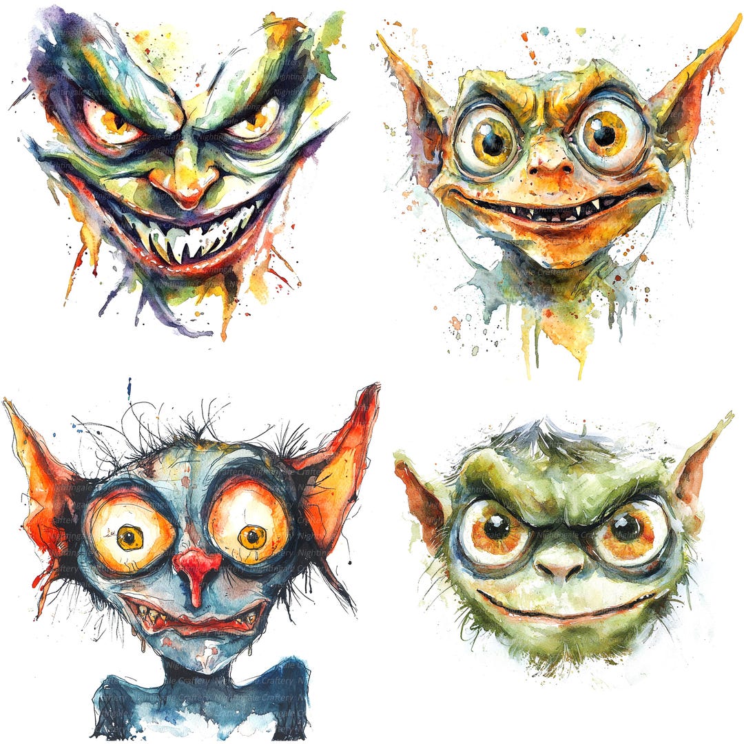 16 Whimsical Goblin Face Clipart, Goblins Print, Printable Watercolor ...