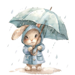 10 Bunny Rainy Clipart, Bunny With Umbrella, Printable Watercolor ...