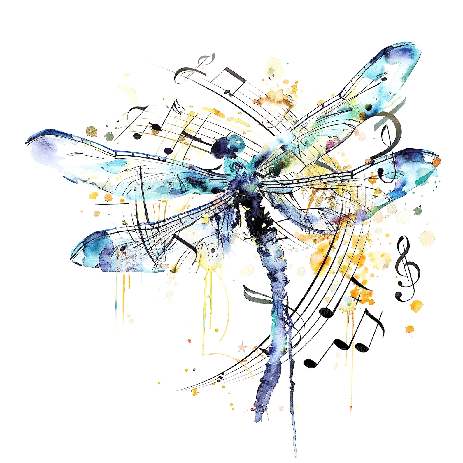 14 Dragonfly Music Notes Clipart, Wall Print, Printable Watercolor ...