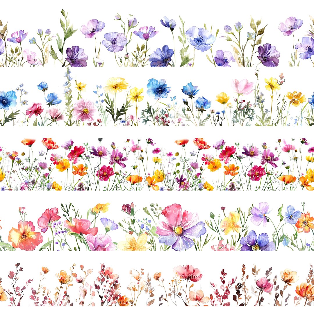 18 PNG Wildflowers Border Clipart, Seamless Floral Border, Digital ...