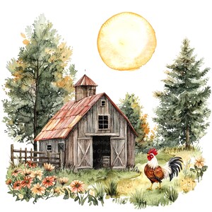 14 Farmyard Clipart, Barn Clipart, Rooster, Printable Watercolor ...
