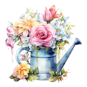 14 Floral Watering Can Clipart, Water Can, Printable Watercolor Clipart ...