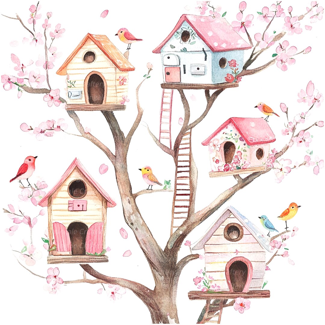 11 Spring Birdhouses Clipart, Birds Clipart, Printable Watercolor ...