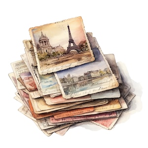 10 Stack of Postcards Clipart, Vintage Postcard, Printable Watercolor ...