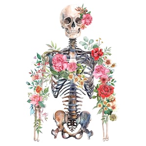 12 Floral Human Skeleton Clipart, Floral Skeleton, Printable Watercolor ...