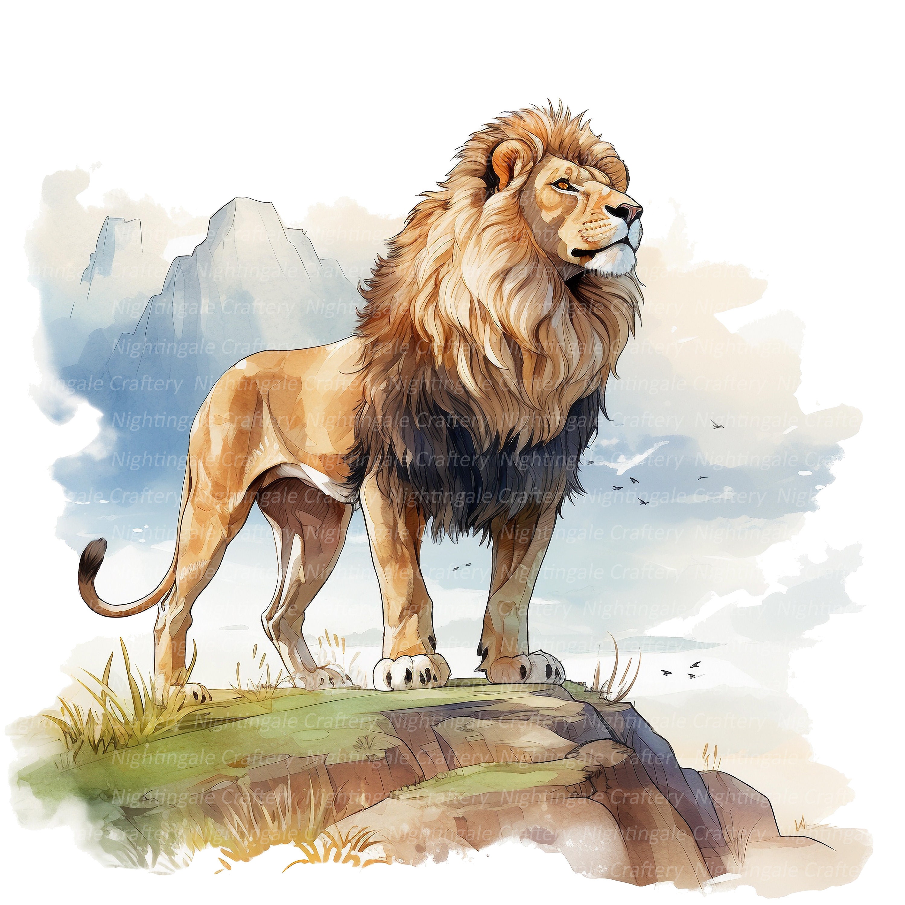 9 Lion on Cliff Clipart, Watercolor Lion, Printable Watercolor Clipart ...