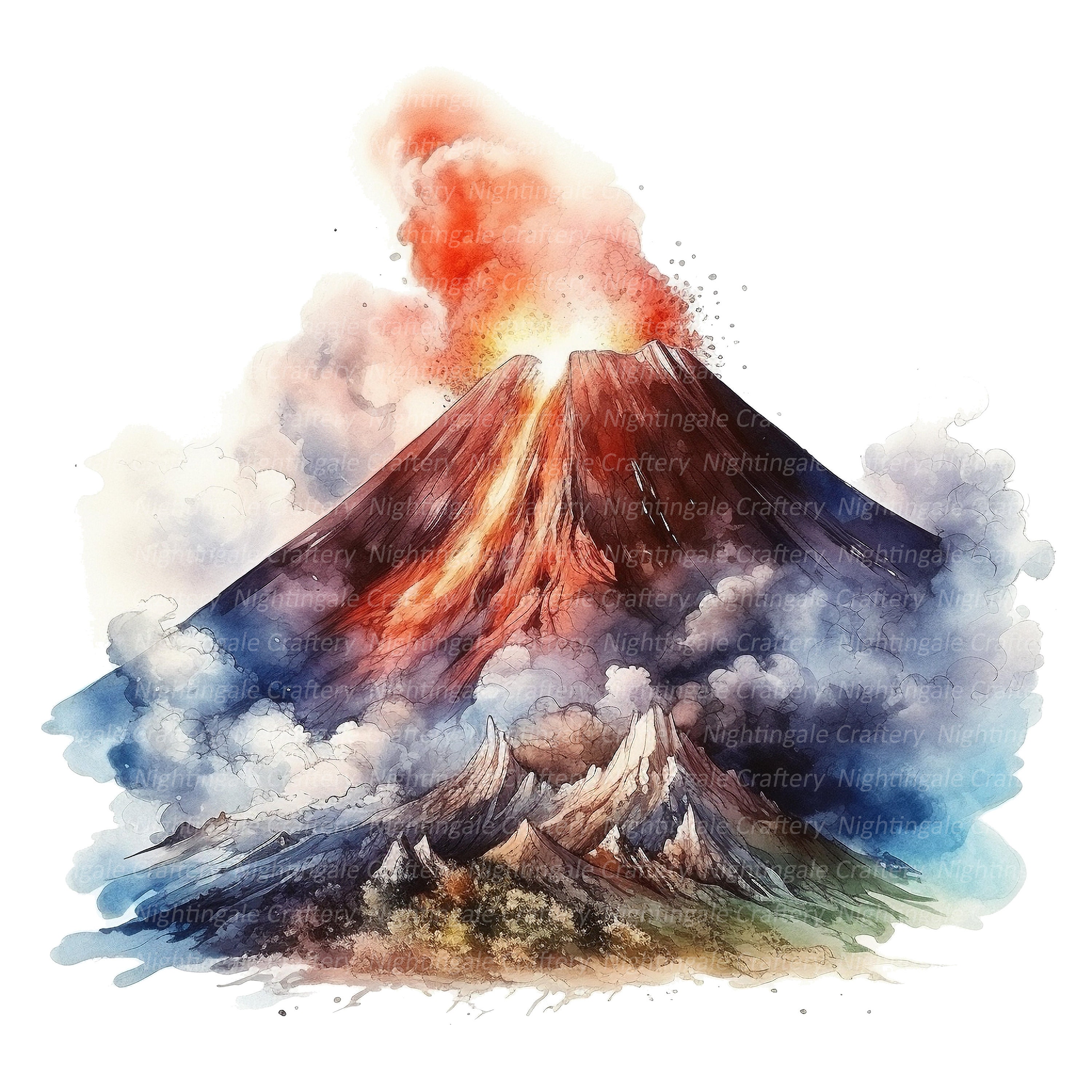12 Erupting Volcano Landscape Clipart, Printable Watercolor Clipart ...