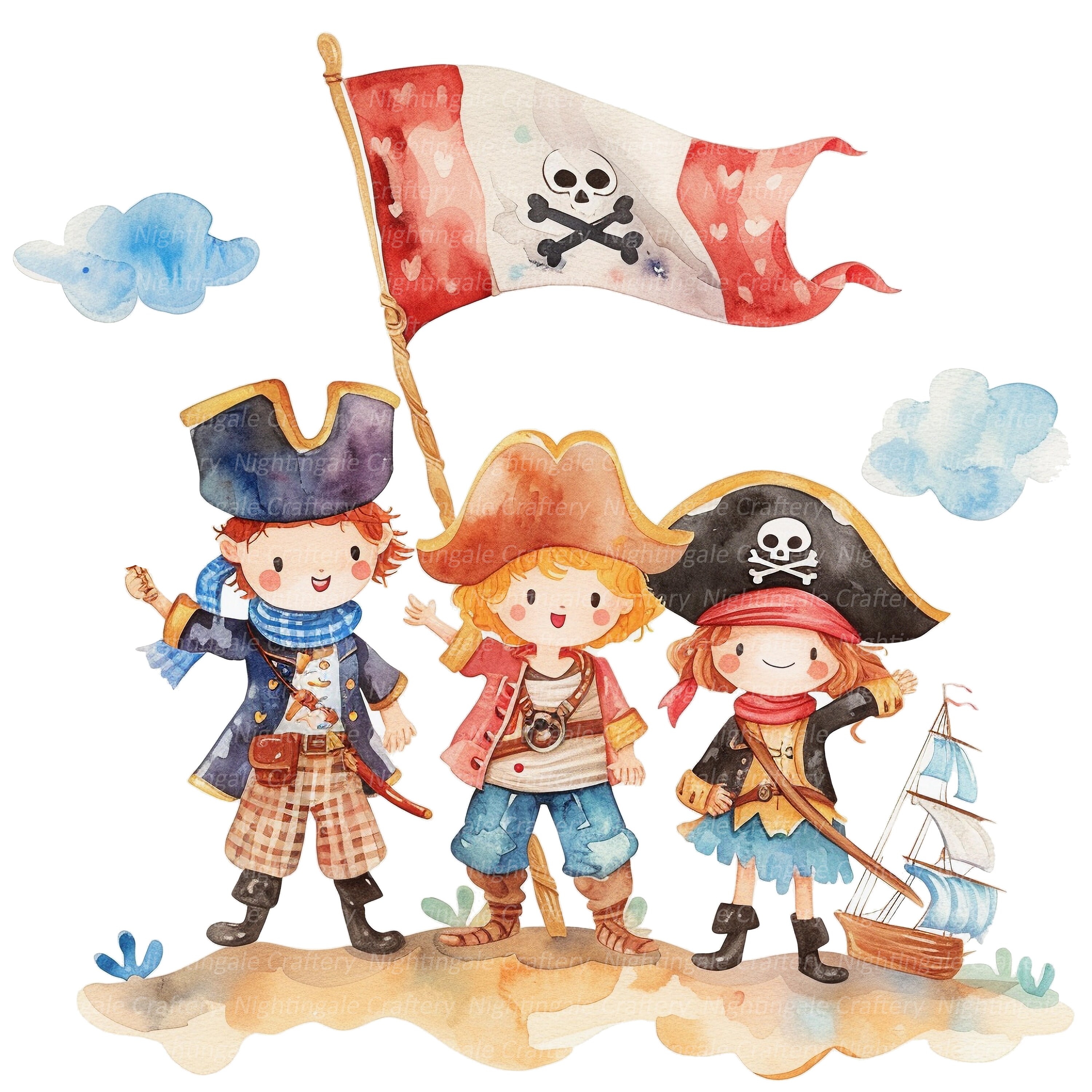 10 Pirates Party Clipart, Cartoon Pirates Print, Printable Watercolor ...
