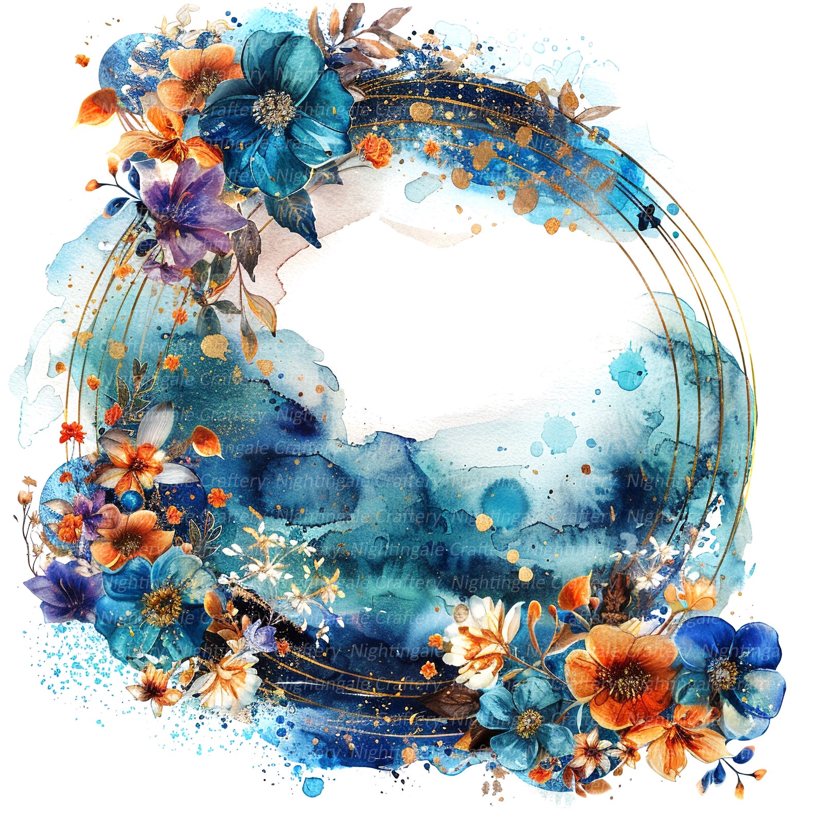 9 Floral Decor Circle, Florals, Digital Clipart, Watercolor Clipart ...