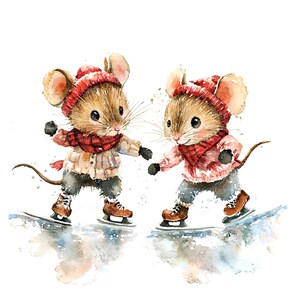 10 Cute Mice Skating Clipart, Ice Skating, Printable Watercolor Clipart ...