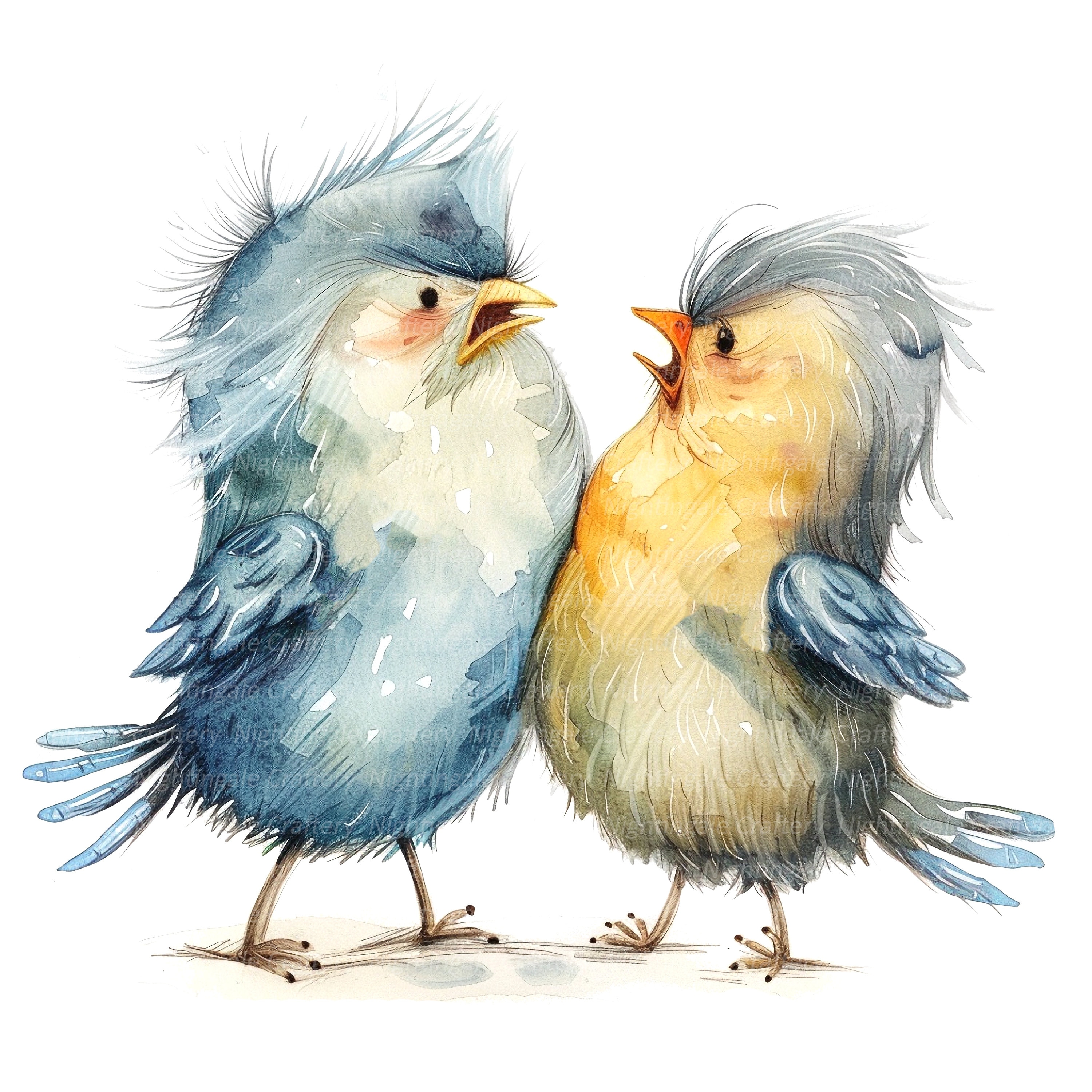 12 Whimsical Birds Clipart, Two Birds, Digital Clipart, Watercolor ...