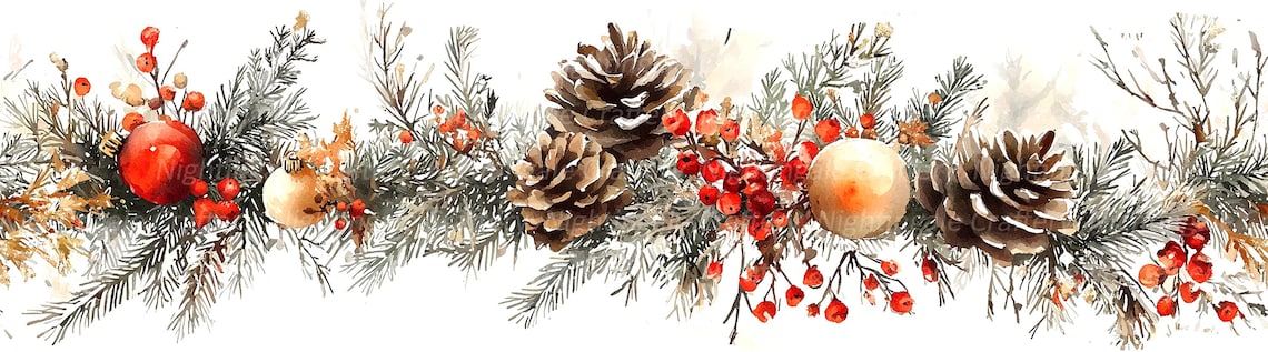 20 Christmas Garland Clipart, Seamless Border, Printable Watercolor ...