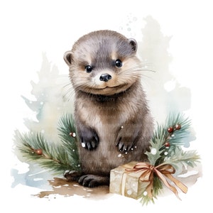 10 Christmas Otter Clipart, Cute Otter Clipart, Printable Watercolor ...