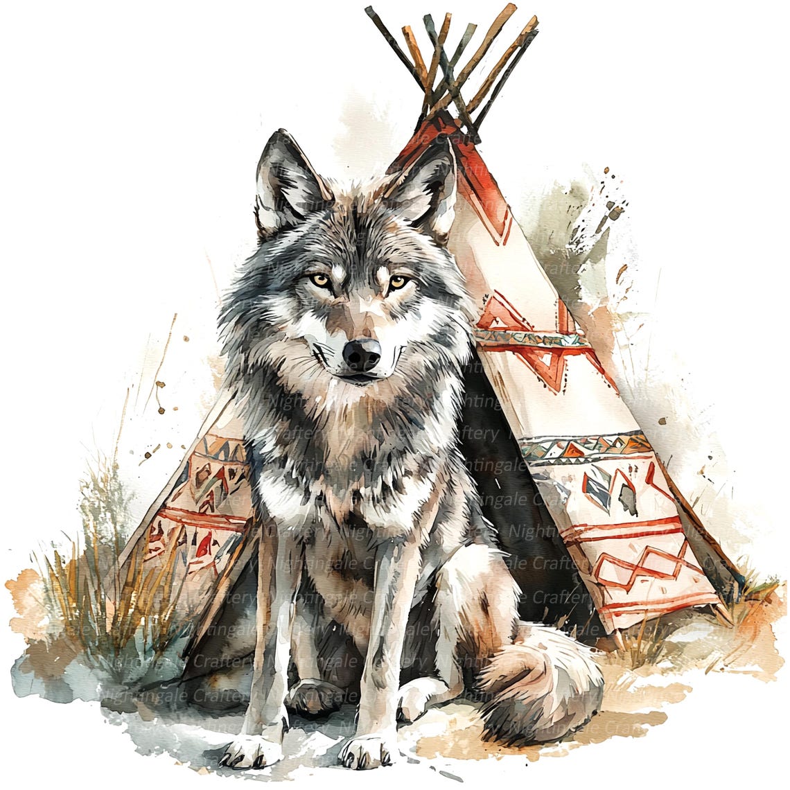 12 Tribal Wolf Clipart, Native Indian Wolf, Printable Watercolor ...