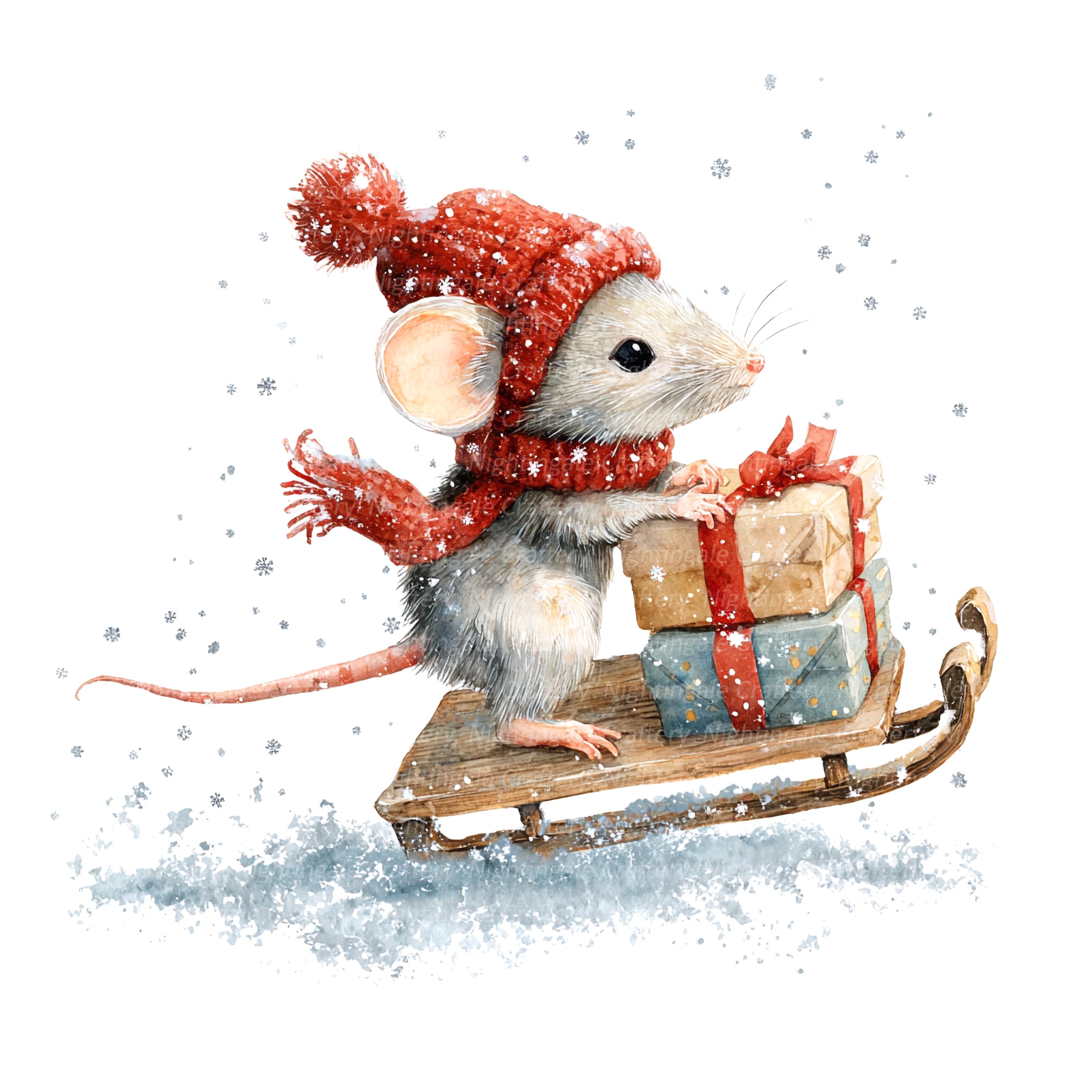 7 Christmas Mouse Clipart, Delivering Gift, Printable Watercolor ...