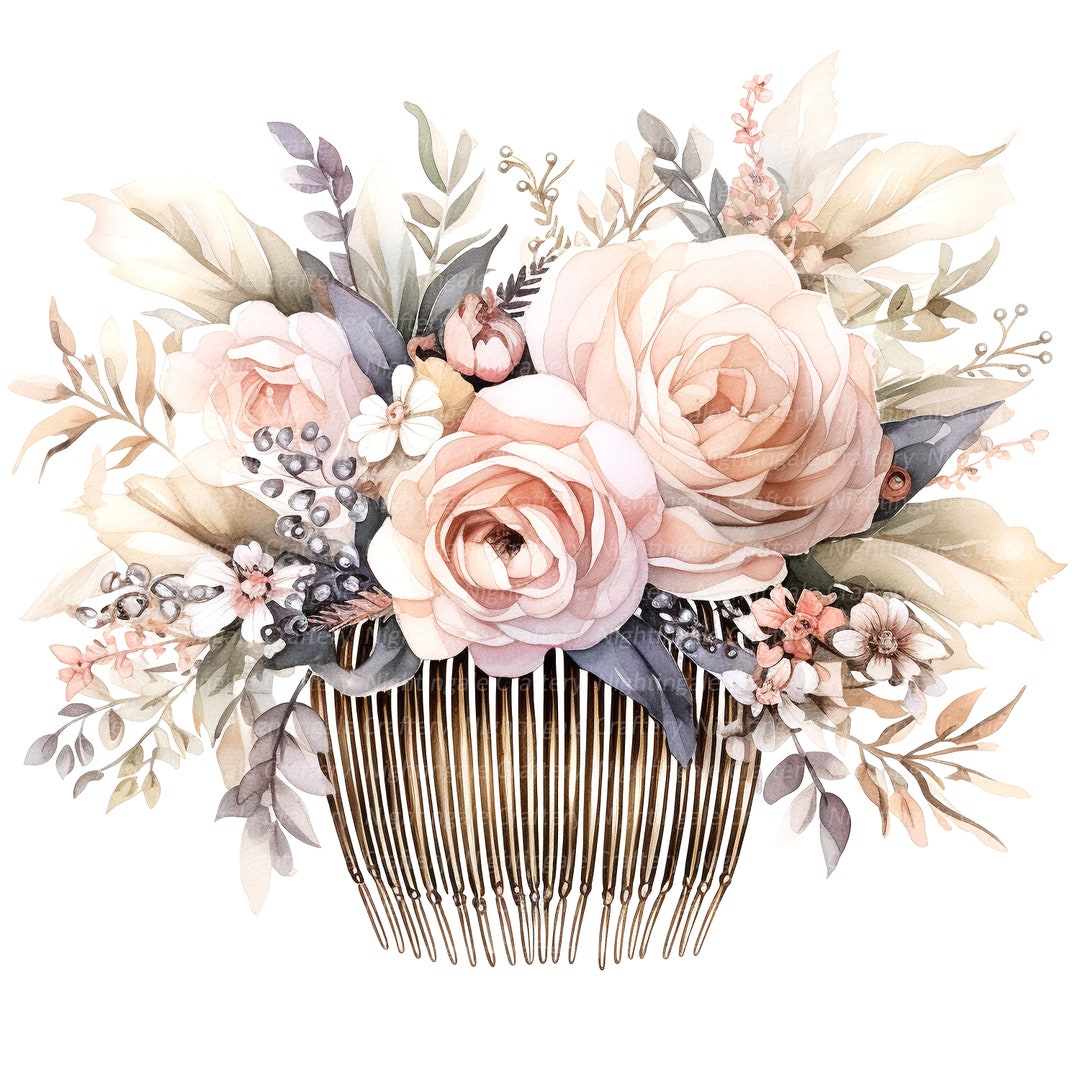 10 Floral Comb Clipart, Vintage Comb, Printable Watercolor Clipart ...
