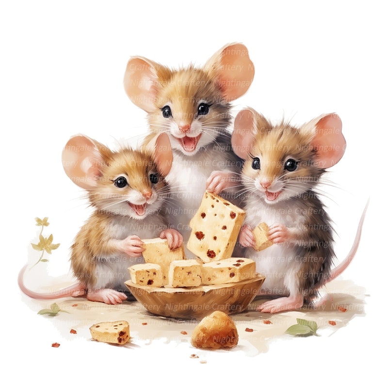 12 Mice Family Party Clipart, Mouse and Cheese, Printable Watercolor ...