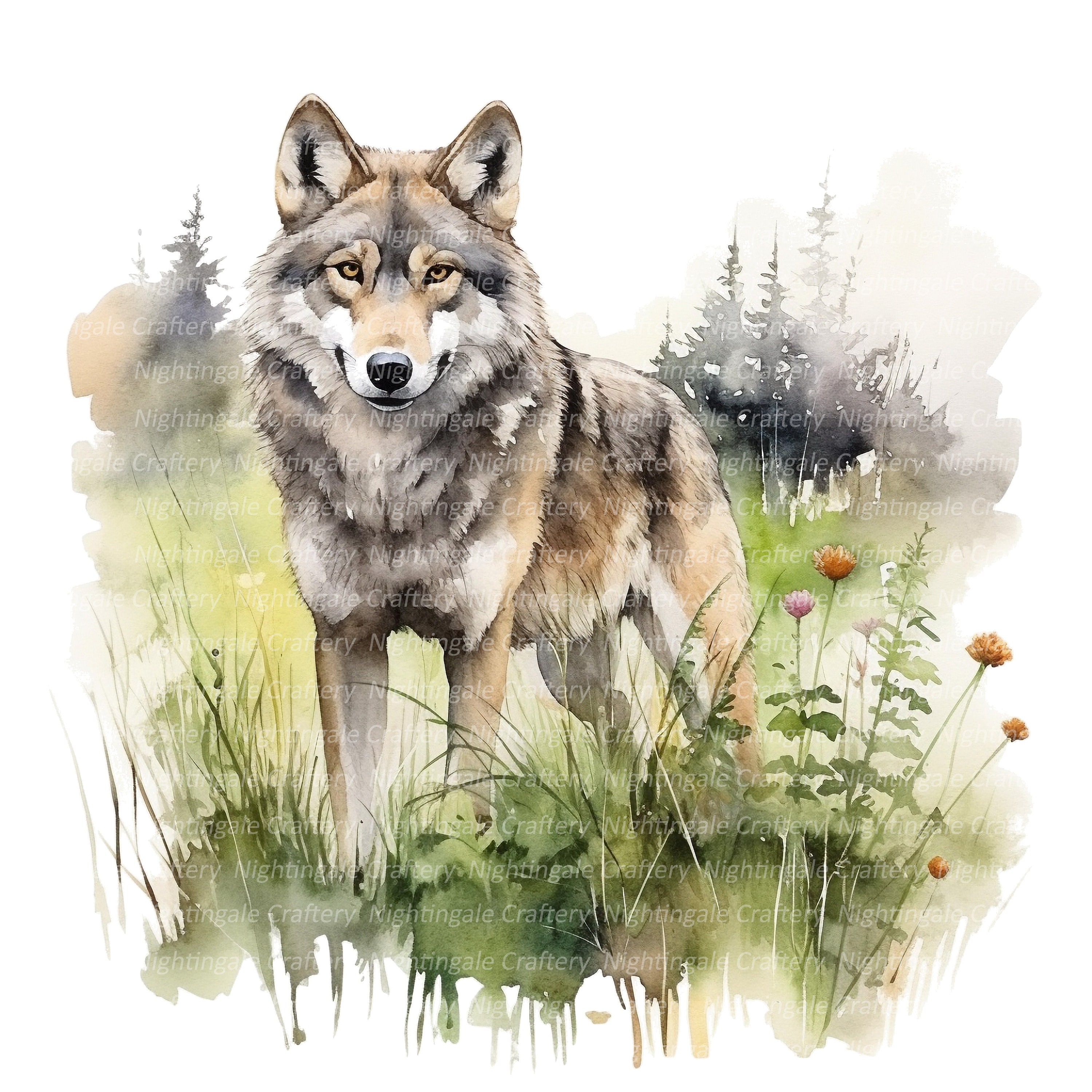 Wolf in Forest Clipart, Printable Watercolor Clipart, 10 High Quality ...