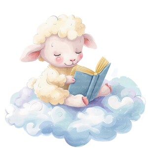 8 Lamb Reading Tale Clipart, Lamb Nursery Print, Printable Watercolor ...