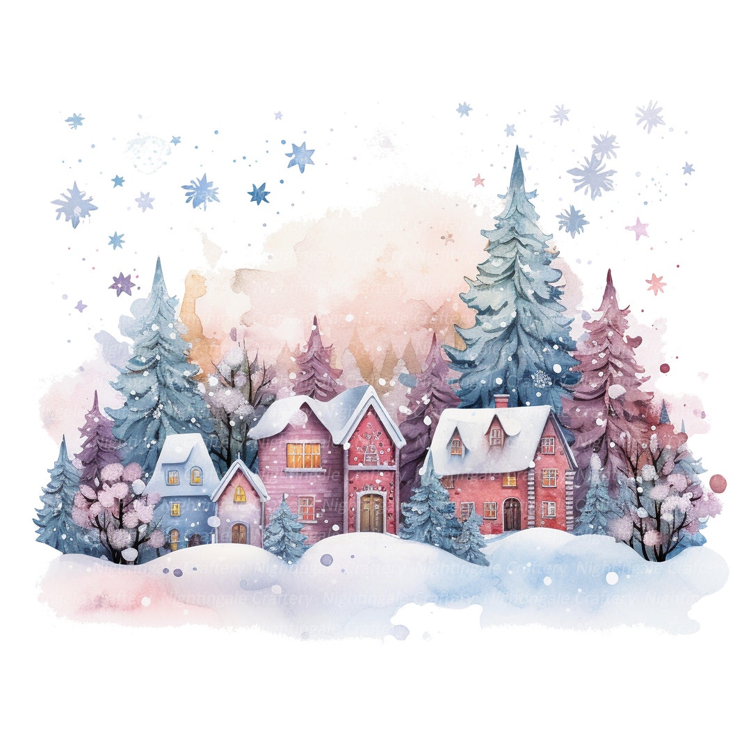 9 Christmas Card Clipart, Winter Houses Card, Printable Watercolor ...