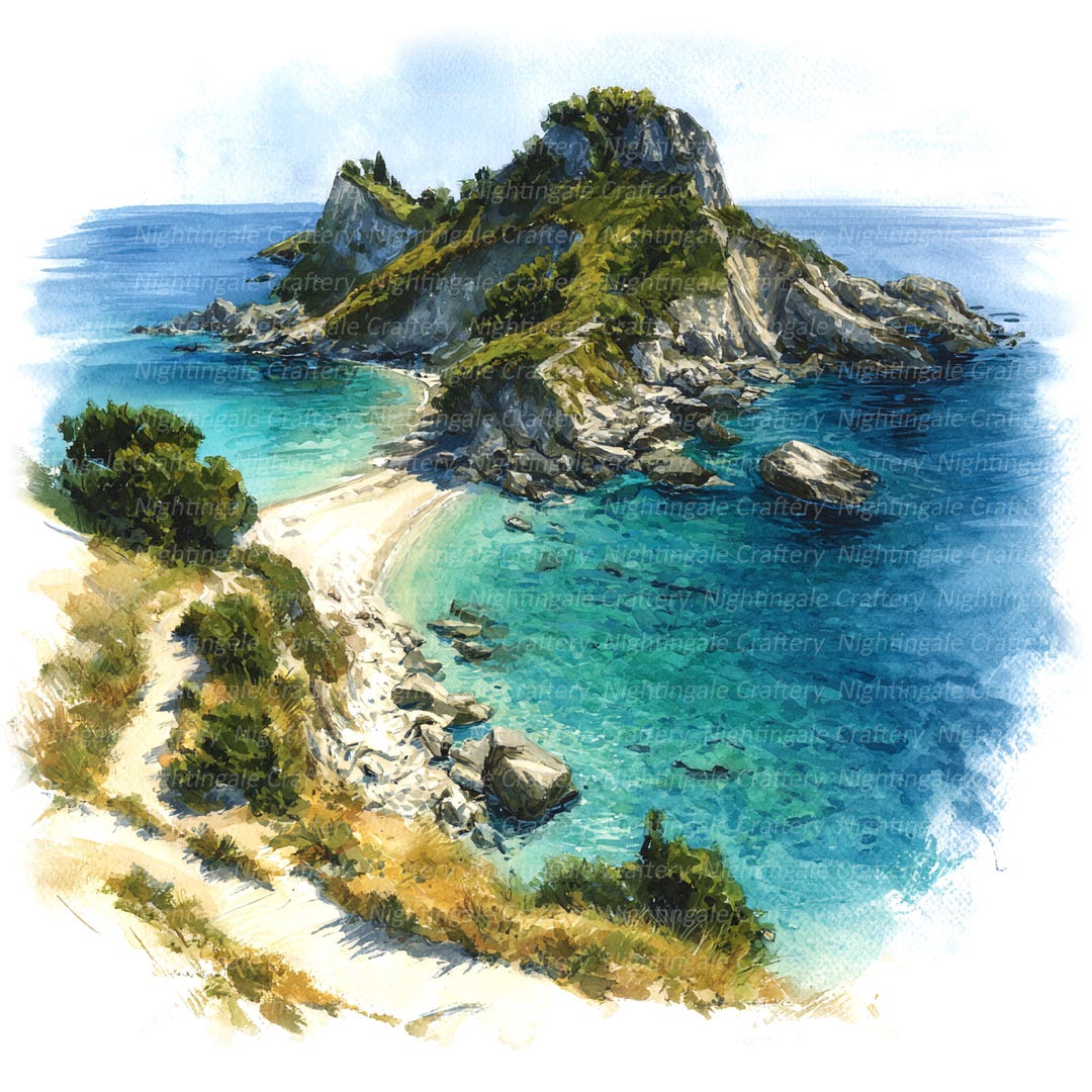 12 Greece Clipart, Corfu Beach Landscape, Printable Watercolor Clipart ...