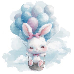 8 Bunny Hot Air Balloon Clipart, Birthday Card, Printable Watercolor ...
