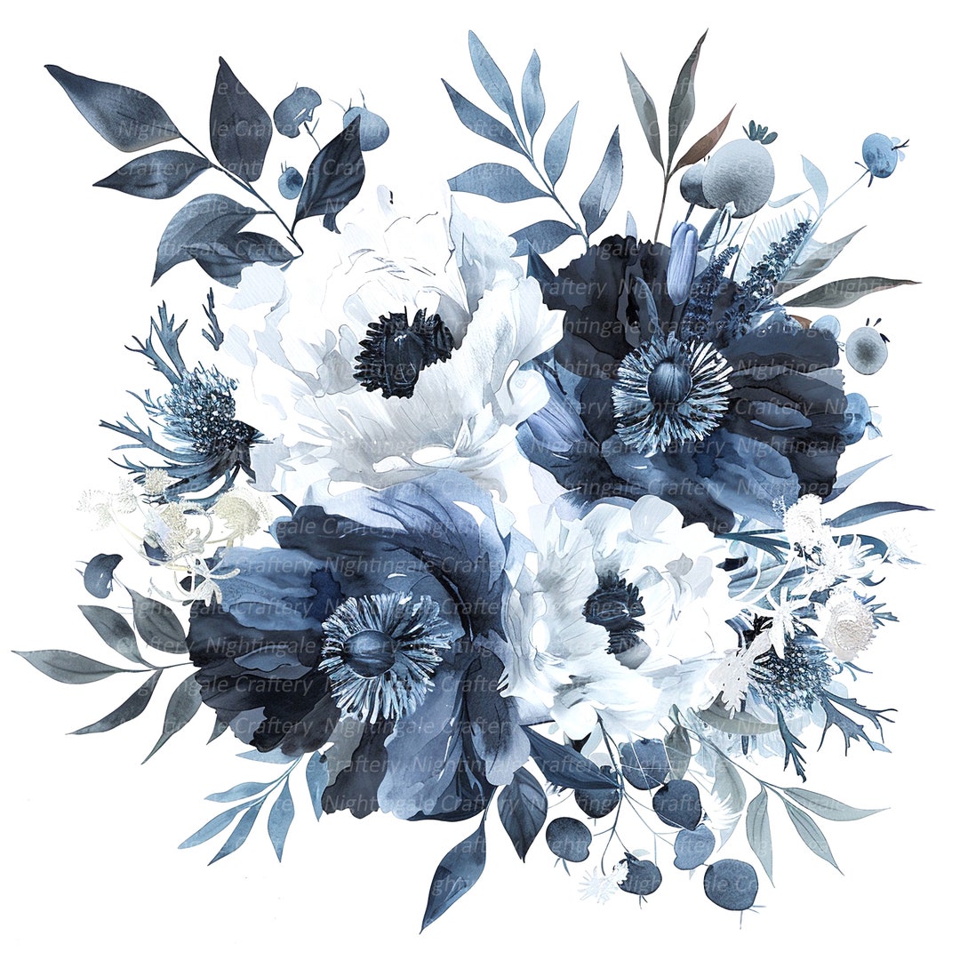 10 Blue Peonies Bouquet Clipart, Peonies Print, Printable Watercolor ...