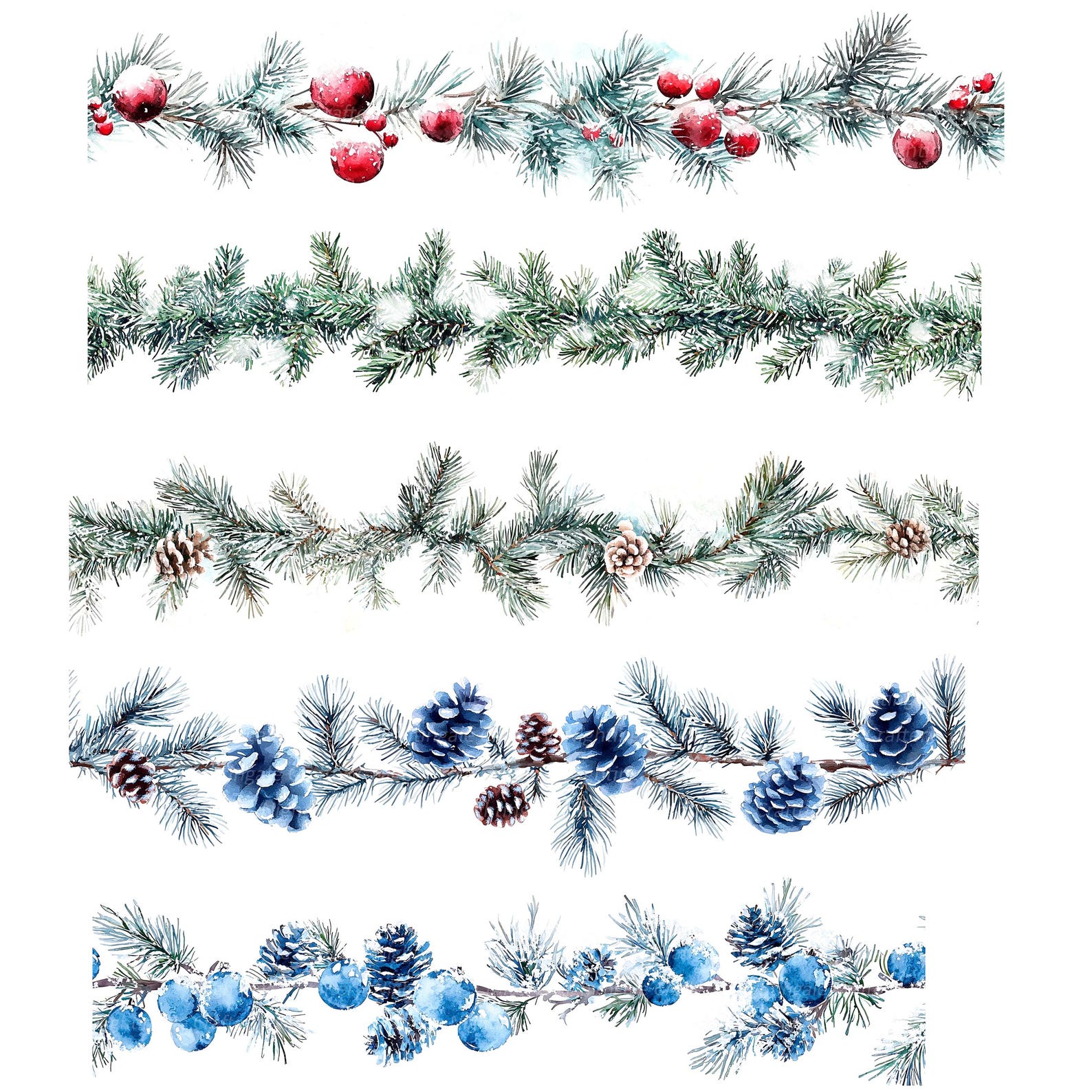 20 Christmas Garland Clipart, Seamless Border, Printable Watercolor ...