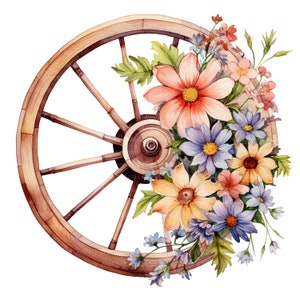 10 Floral Wheel Clipart, Wooden Wheel, Printable Watercolor Clipart ...
