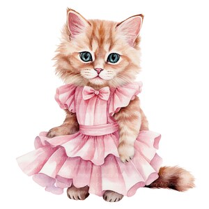 Cute Kitten in Pink Dress Clipart, Printable Watercolor Clipart, 10 ...