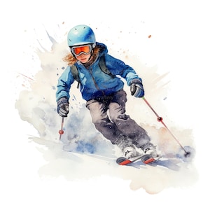 10 Kids Skiing Clipart, Kids in Winter, Printable Watercolor Clipart ...