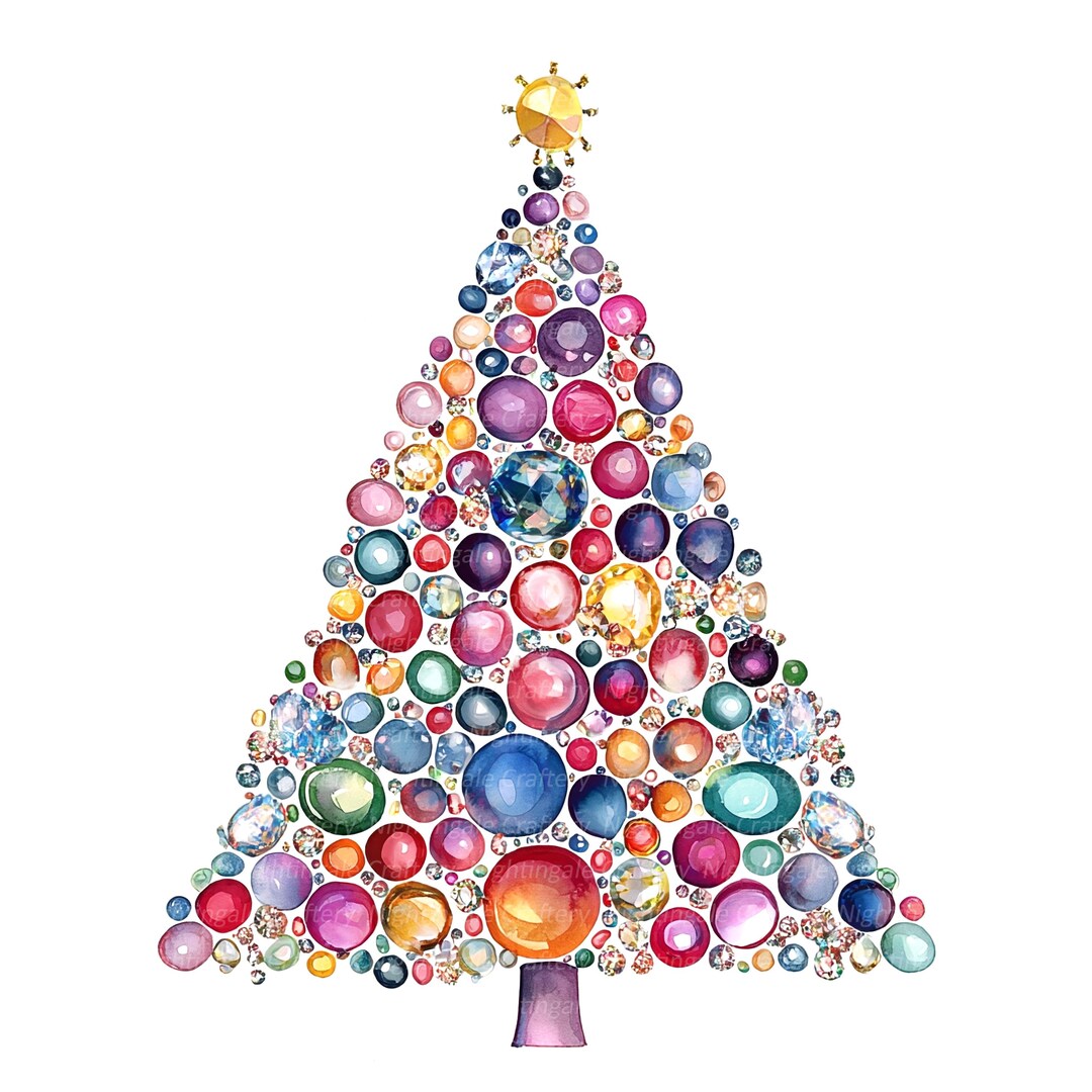 14 Jewelled Christmas Tree Clipart, Sticker, Printable Watercolor ...