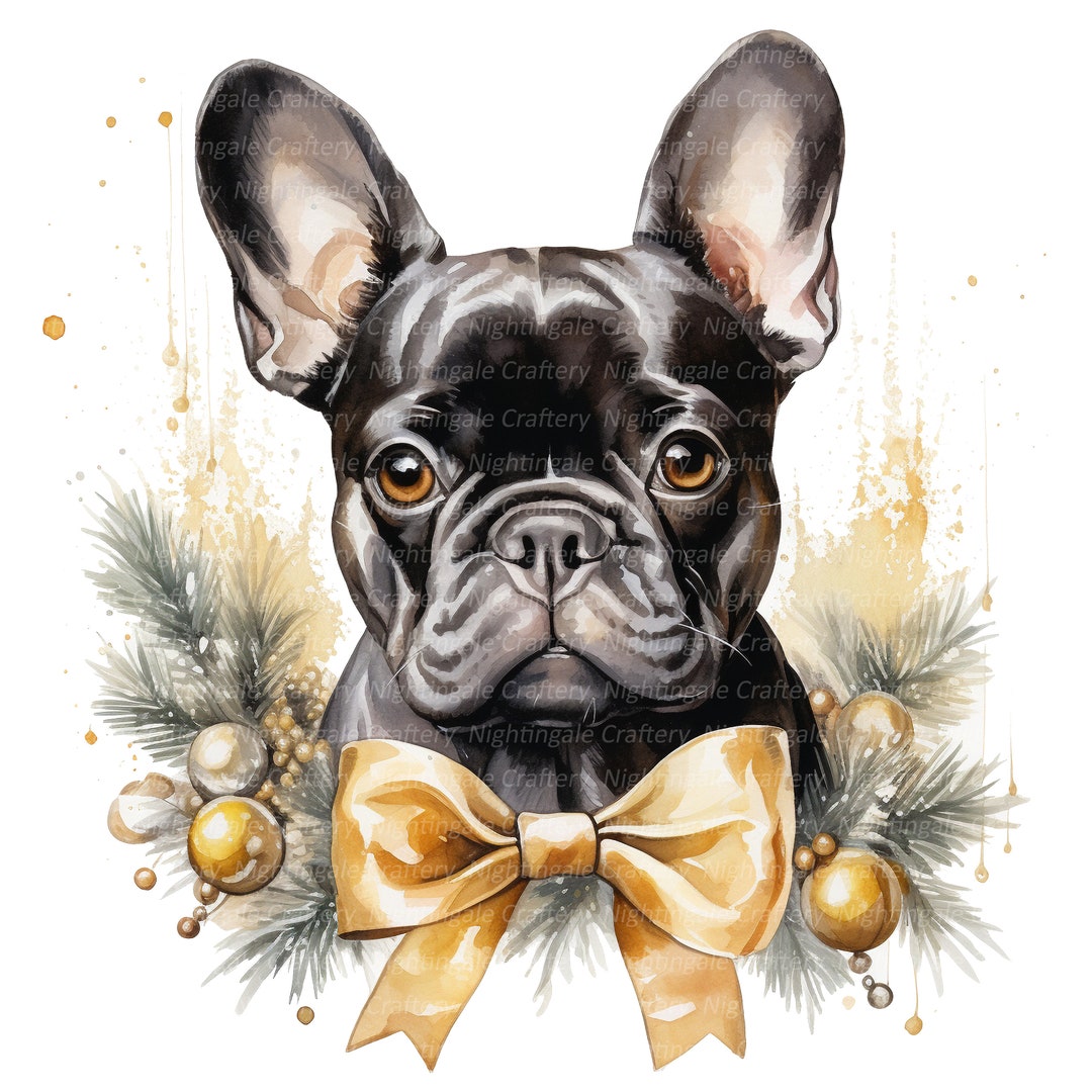 14 French Bulldog Clipart, Golden Christmas Theme, Printable Watercolor ...