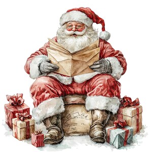 9 Christmas Santa Reading Letter Clipart, Printable Watercolor Clipart ...