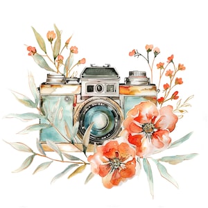 10 Vintage Floral Camera Clipart Set 2, Photo, Printable Watercolor ...