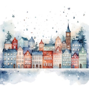 9 Christmas Card Clipart, Winter Houses Card, Printable Watercolor ...