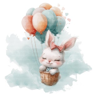 8 Bunny Hot Air Balloon Clipart, Birthday Card, Printable Watercolor ...